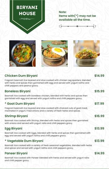 Biryani Menu Templates - Free | Editable | Customizable