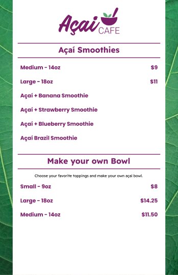 Acai Bowl Menu Templates - Free | Printable | Customizable