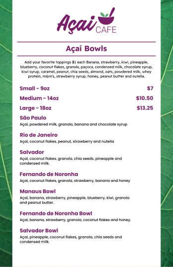 Acai Bowl Menu Templates - Free | Printable | Customizable