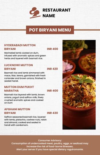 Biryani Menu Templates - Free | Editable | Customizable