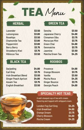 Tea Menu Templates - Free | Printable | Downloadable